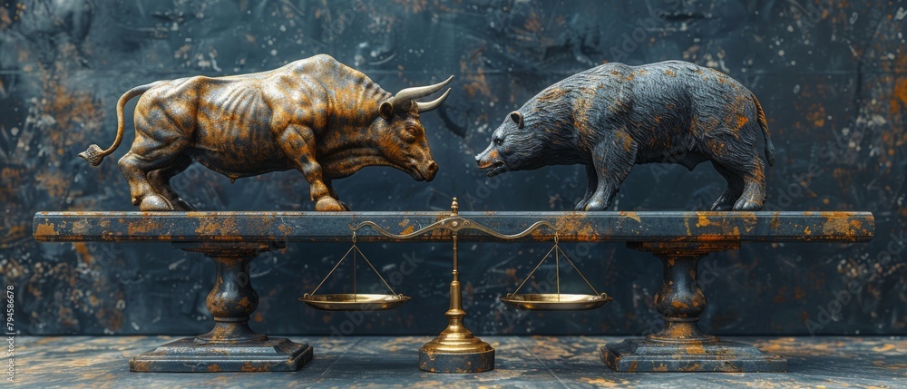 Sculptures of a bull and bear balance on scales against a textured ...