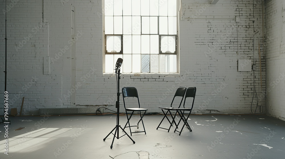 architecture photo a large white room, focusing on a basic microphone ...