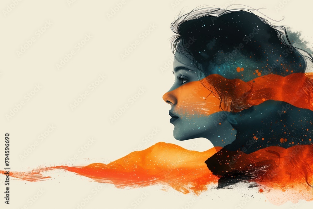 Portrait of woman profile. Thoughts, feelings and emotions pass leaving ...