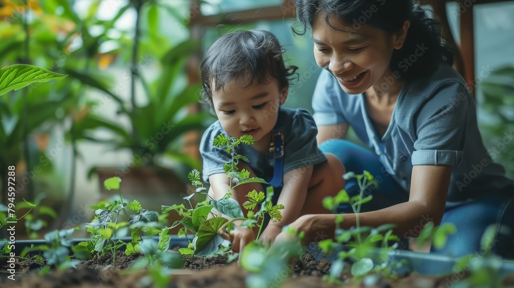 An intimate moment of a parent teaching their child how to plant seeds ...