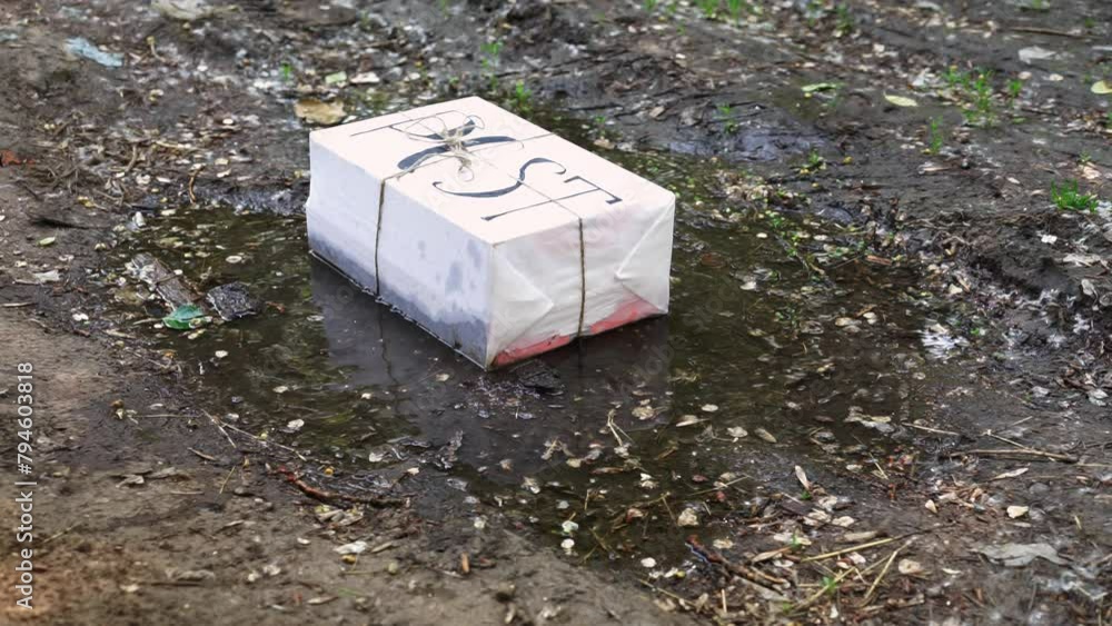 Heavy box labeled as POST falls in centre of small puddle. Little box ...