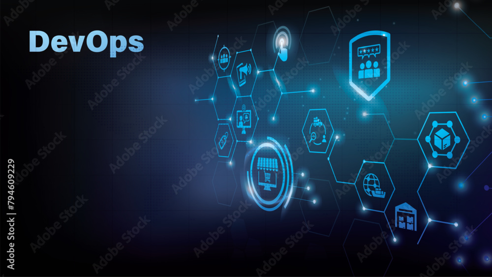 Devops. Agile development and optimization concept on virtual screen. Software engineering ...