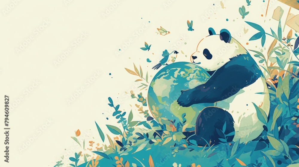 A hand drawn panda lovingly embraces the earth on a crisp white ...