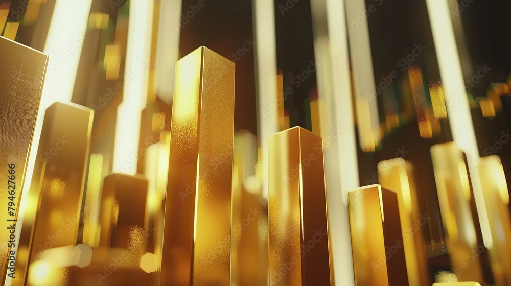 Dynamic rendering 3D golden bar graph with soaring columns represents a ...