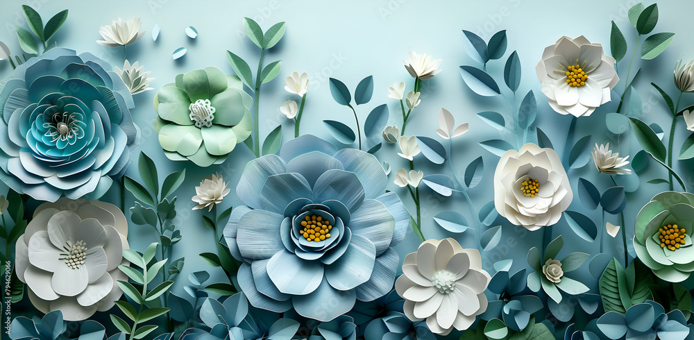 paper cut style, blue and green color palette, various flowers, white ...