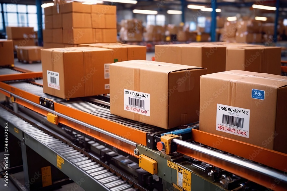 Parcel boxes on conveyor belt in product sorting and shipping facility ...