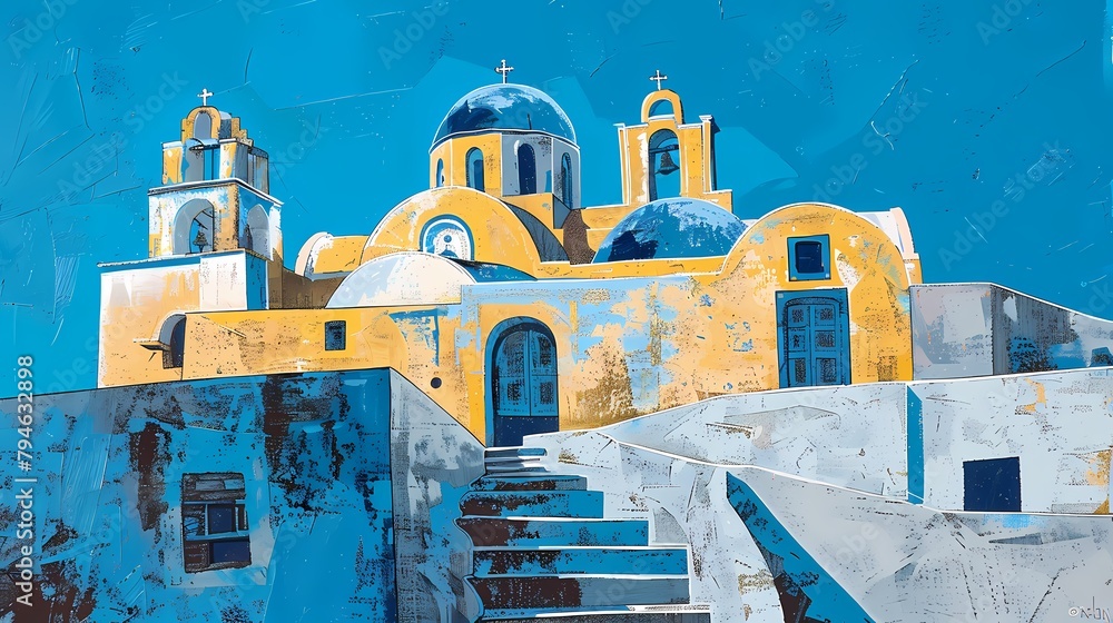 Colorful modern Greek architecture illustration poster background Stock ...