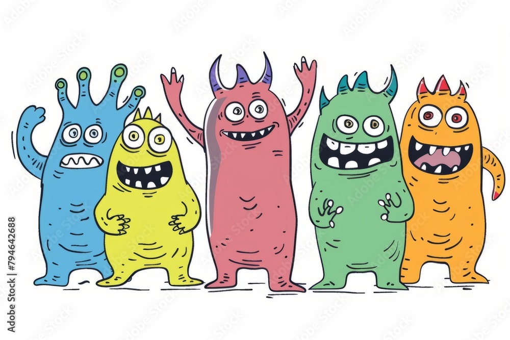 Cartoon cute doodles of baby monsters waving goodbye to their monster ...