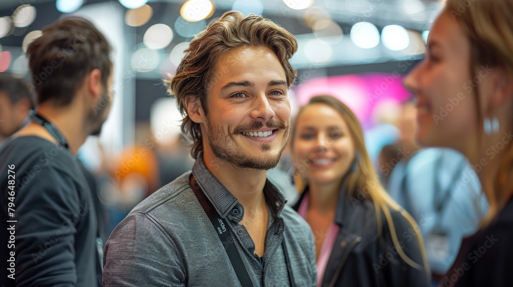 dynamic trade show moment, Professionals chat and laugh, with one man ...