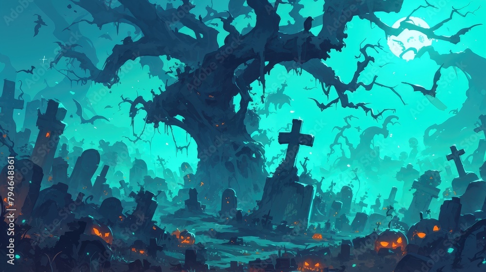 2d Halloween night illustrations featuring a sinister tree in a spooky ...