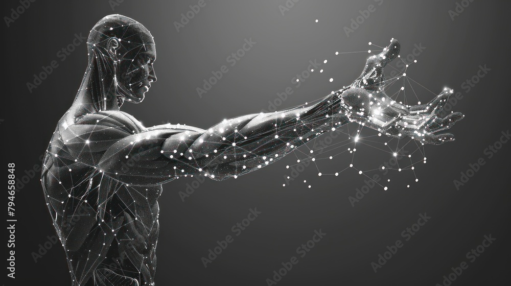 male hand muscles connected dots low poly wireframe. Polygonal physical ...