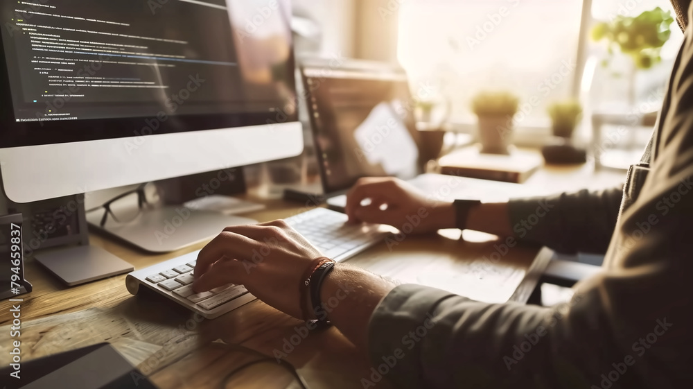 A programmer types away on a keyboard, focusing intently on lines of ...