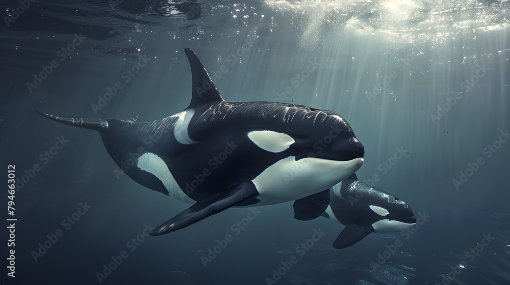 Killer Whale orcinus orca Female with Calf hd 8k wallpaper Stock Photo ...
