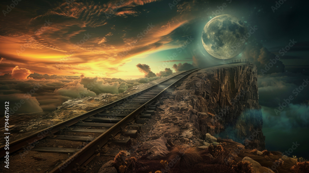 A deserted train track leads to the edge of a cliff where a spectral ...