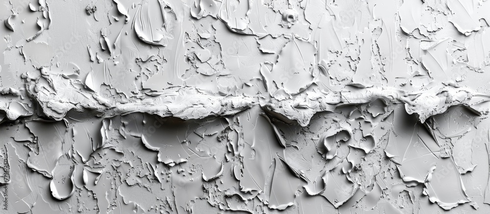 Close-up view of white paint peeling off a wall, revealing the rough ...