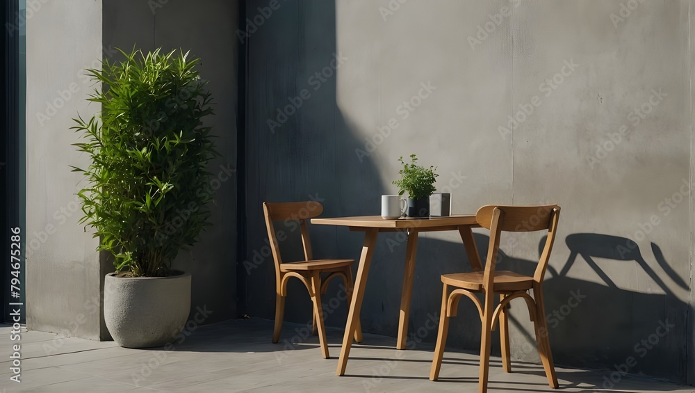 Beautiful and simple outdoor sitting area with wooden table and high ...