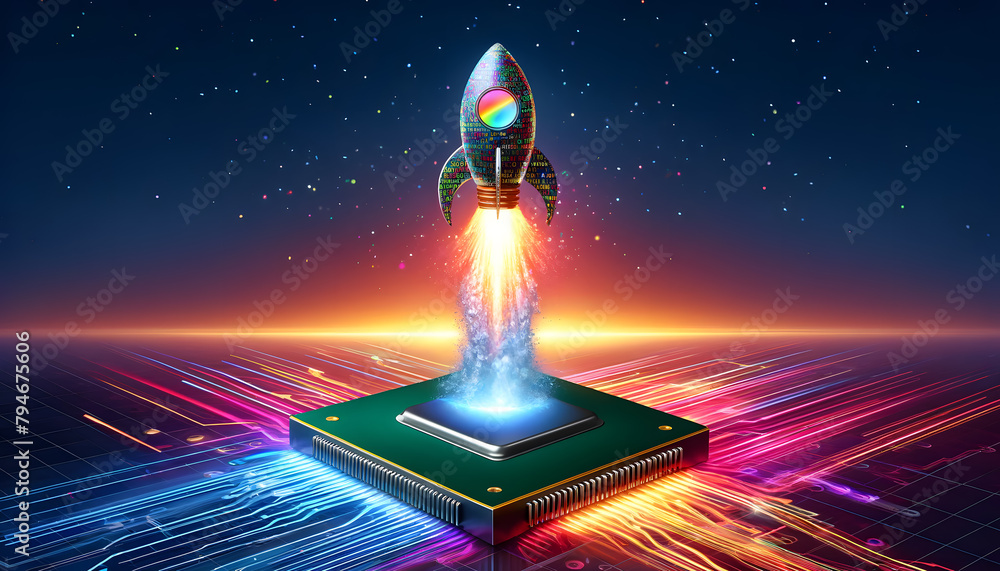 a futuristic CPU designed as a rocket, launching into a brightly lit ...