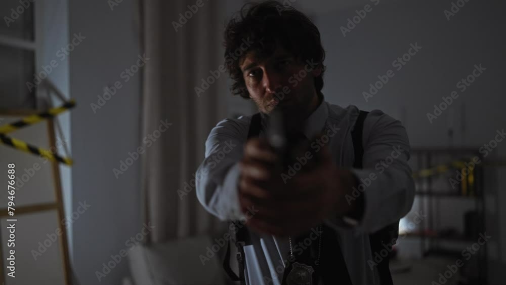 An intense young man in a shirt and tie with a detective badge ...