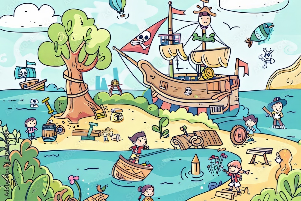 Cartoon cute doodles of kids exploring a pirate ship and searching for ...