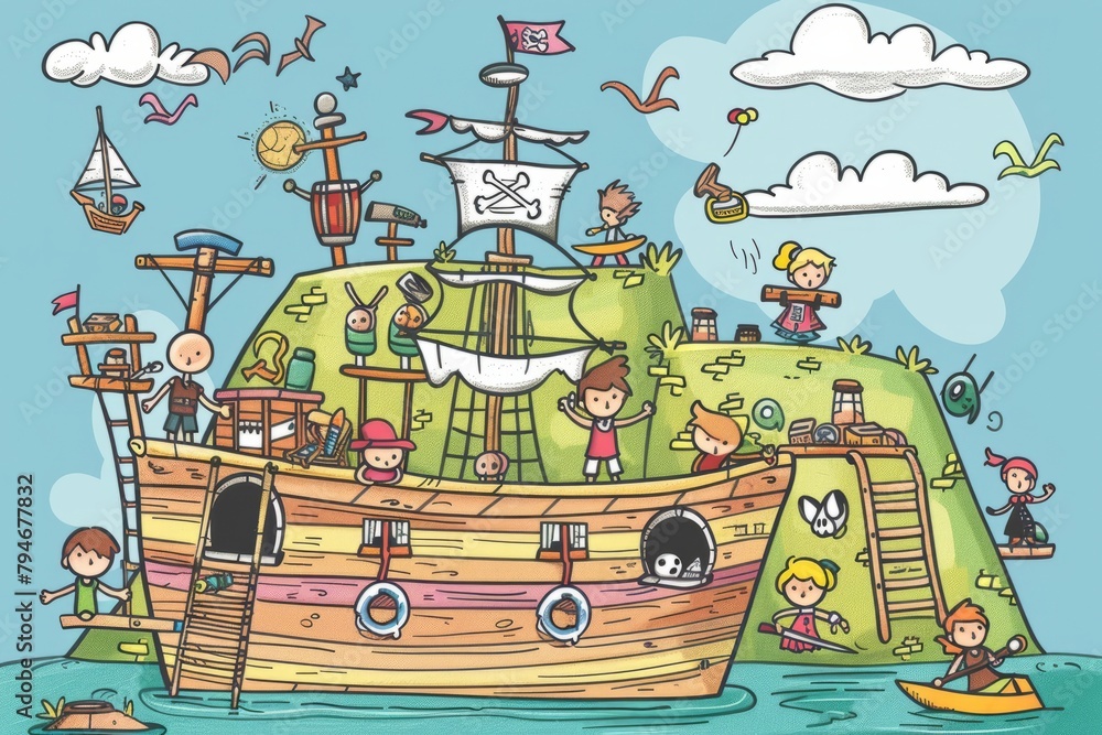 Cartoon cute doodles of kids exploring a pirate ship and searching for ...