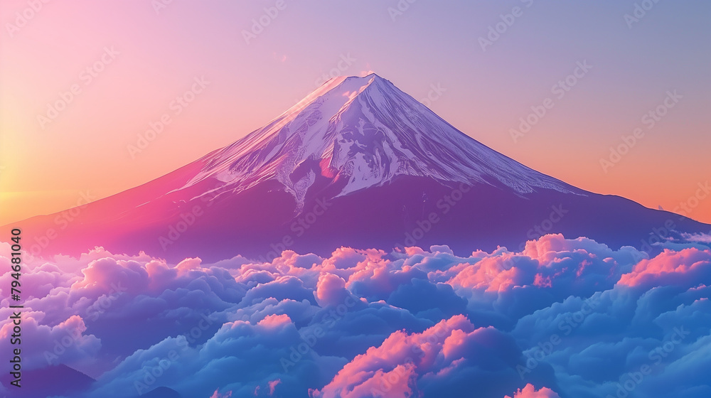 Mount Fuji enshrouded in clouds with clear sky. Fuji Mountain and Pink ...