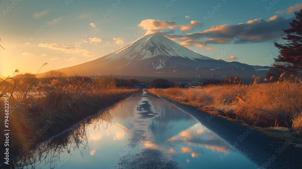 Mount Fuji enshrouded in clouds with clear sky. Fuji Mountain and Pink ...
