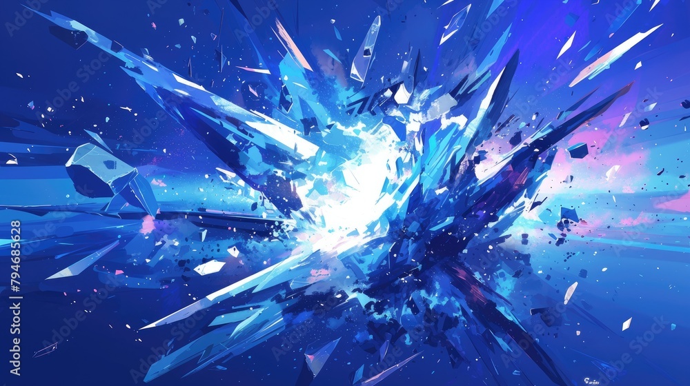 2d illustration depicting shattered glass or an exploding ice effect with bursting particles ...