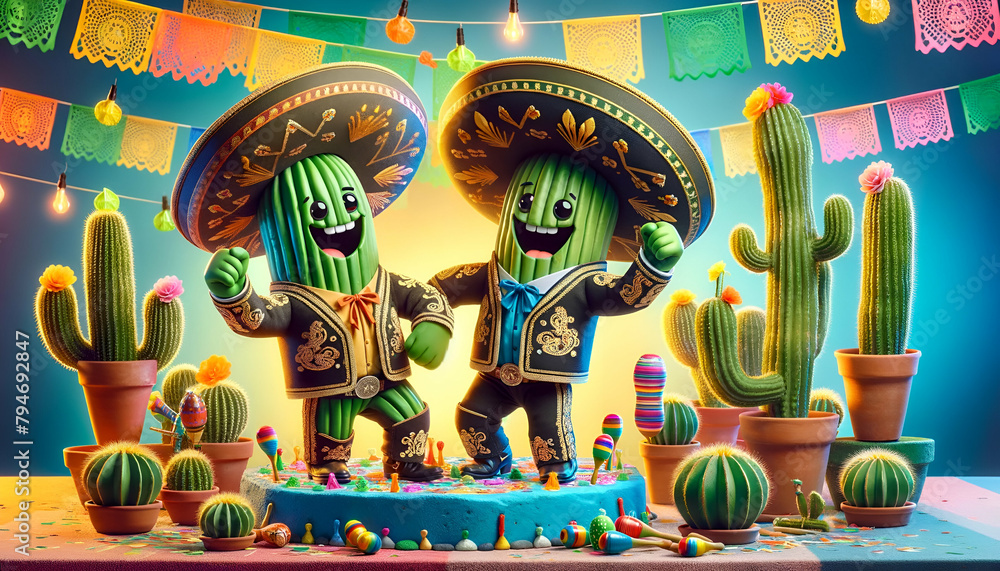 Two Cactus Characters in Traditional Mexican Outfits with Sombreros ...