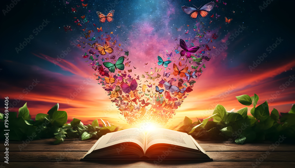 an open book with pages transforming into a spectrum of colorful ...