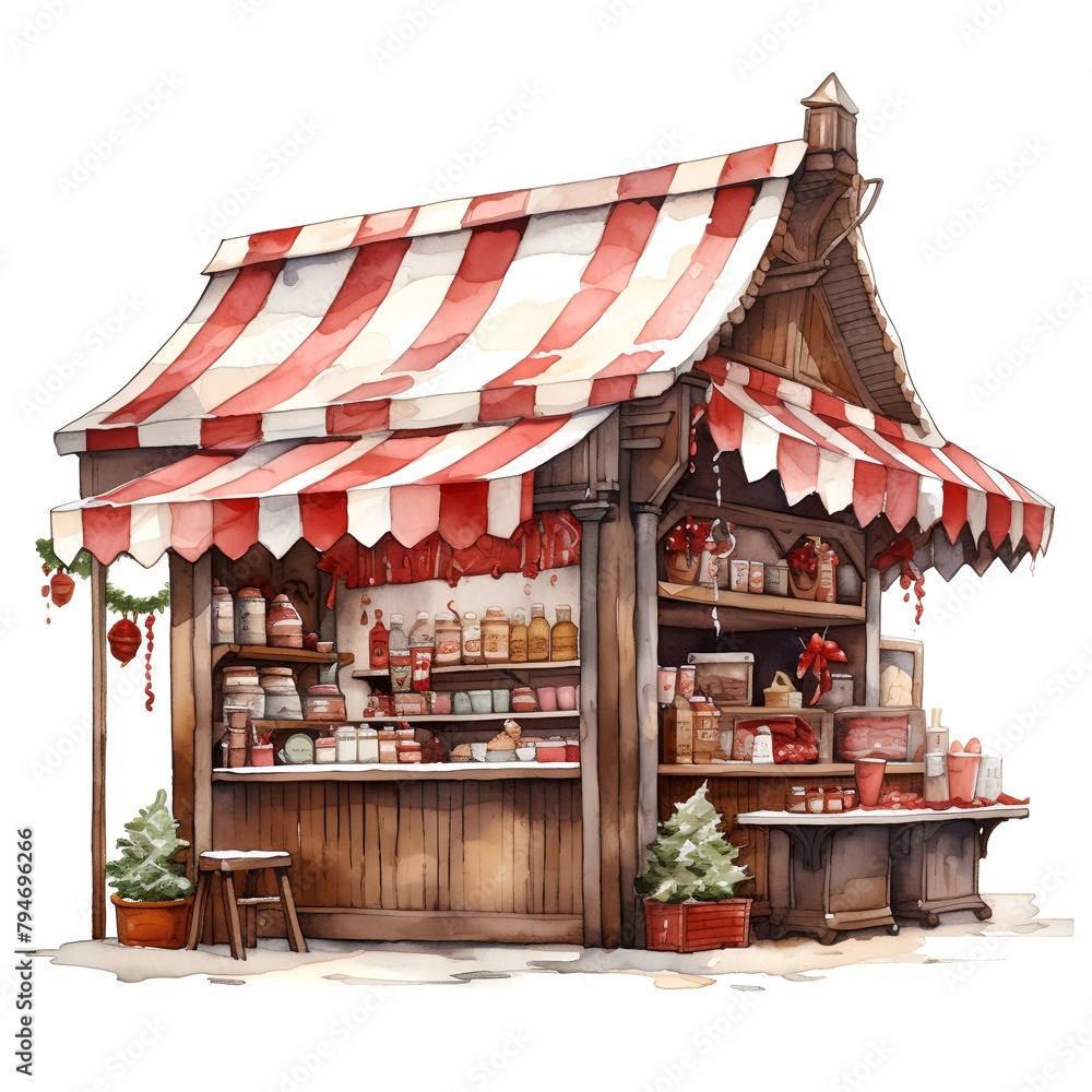 Hand drawn watercolor illustration of a Christmas market stall with ...