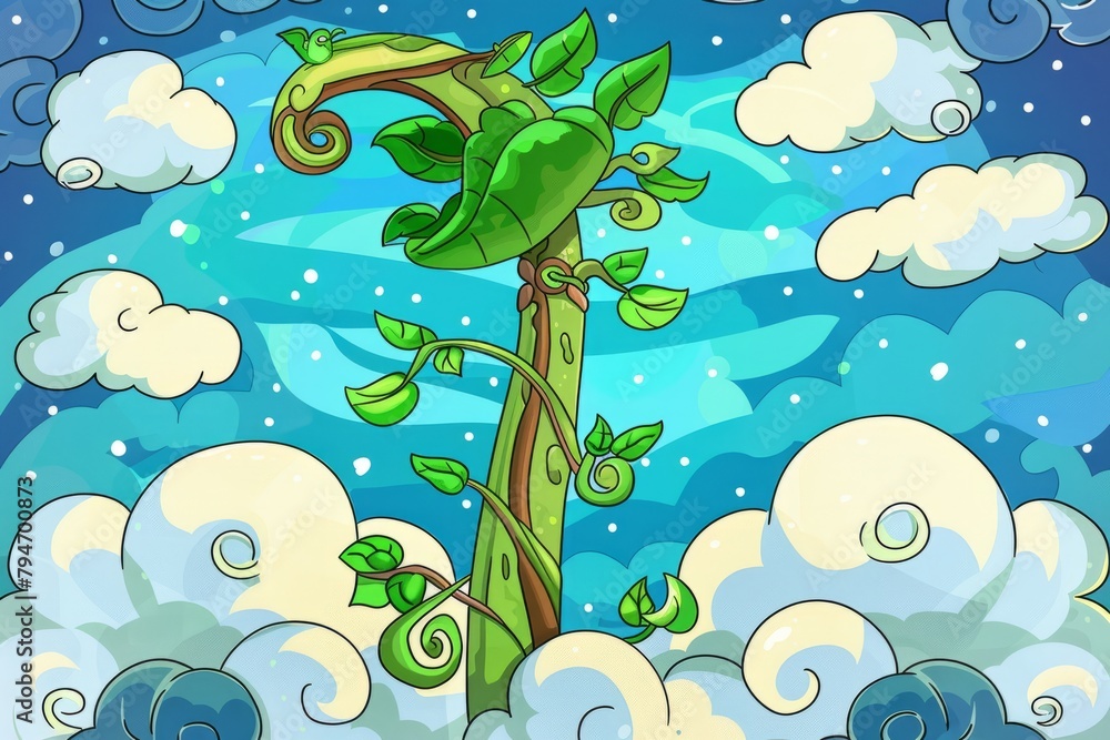 Cartoon cute doodles of a magical beanstalk stretching up to the clouds ...