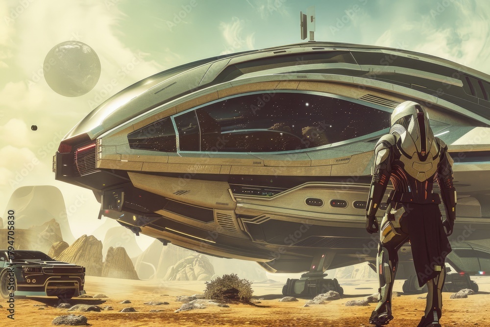 Astronaut standing beside an advanced spaceship on a desert-like alien ...