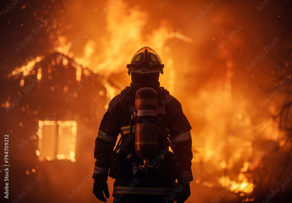 A firefighter is captured from behind as they bravely work amidst ...
