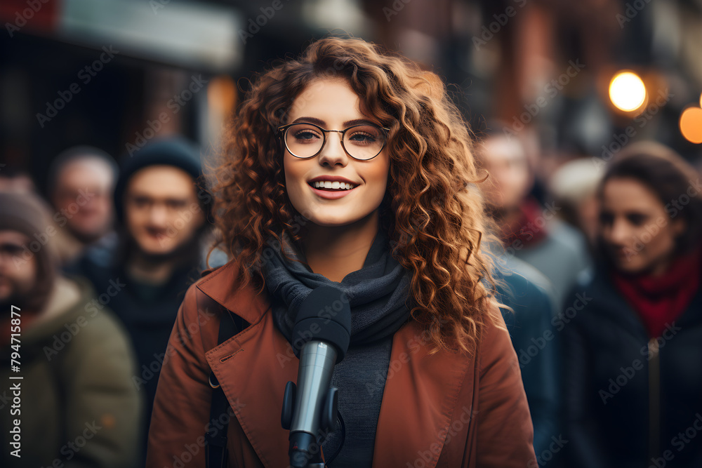 young professional politician woman being interviewed live by a tv ...