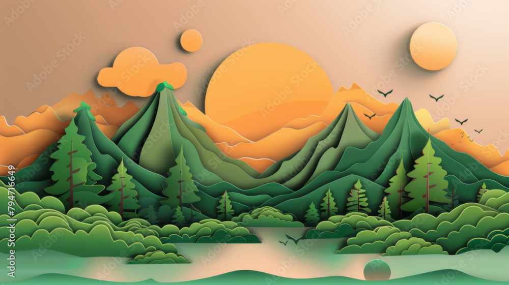 A serene mountain landscape rendered in layered paper cut out art style ...