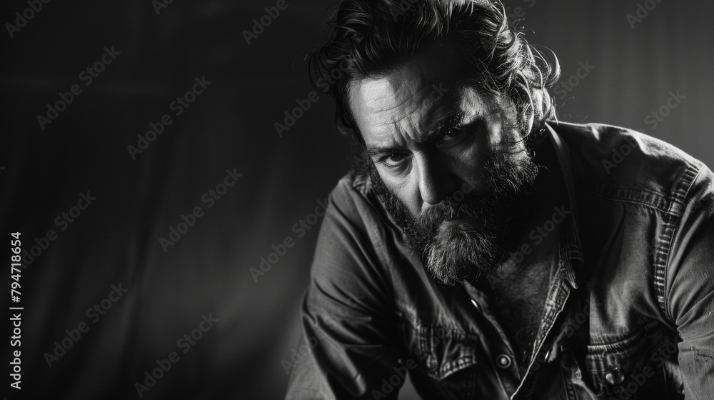 In a wide shot an actor is captured in a powerful pose the black and ...