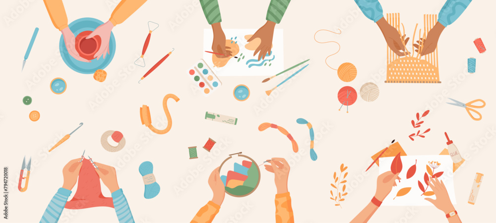Poster Handicraft art class hobby flat illustration, top view colorful ...
