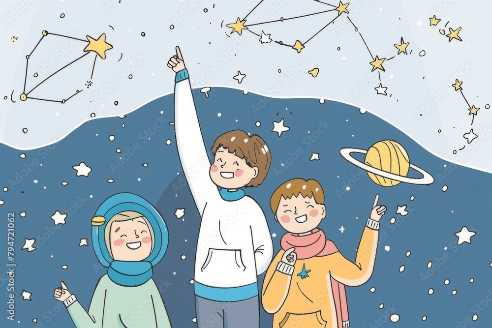 Cartoon cute doodles of a family stargazing together on a clear night ...