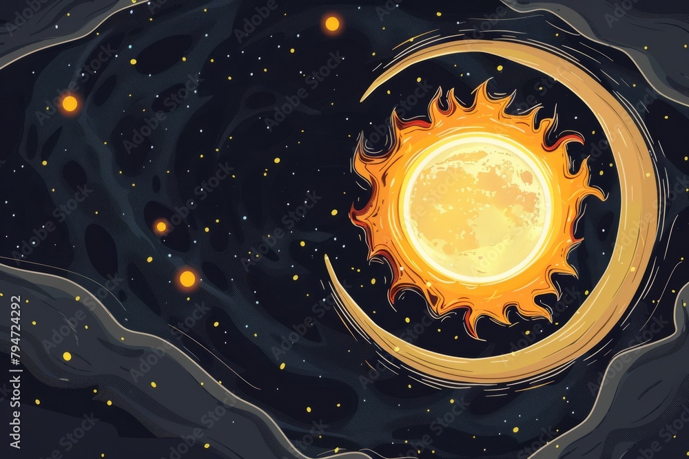 Cartoon cute doodles of a solar eclipse, with the Moon blocking out the ...