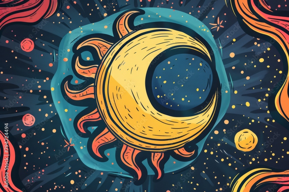 Cartoon cute doodles of a solar eclipse, with the Moon blocking out the ...
