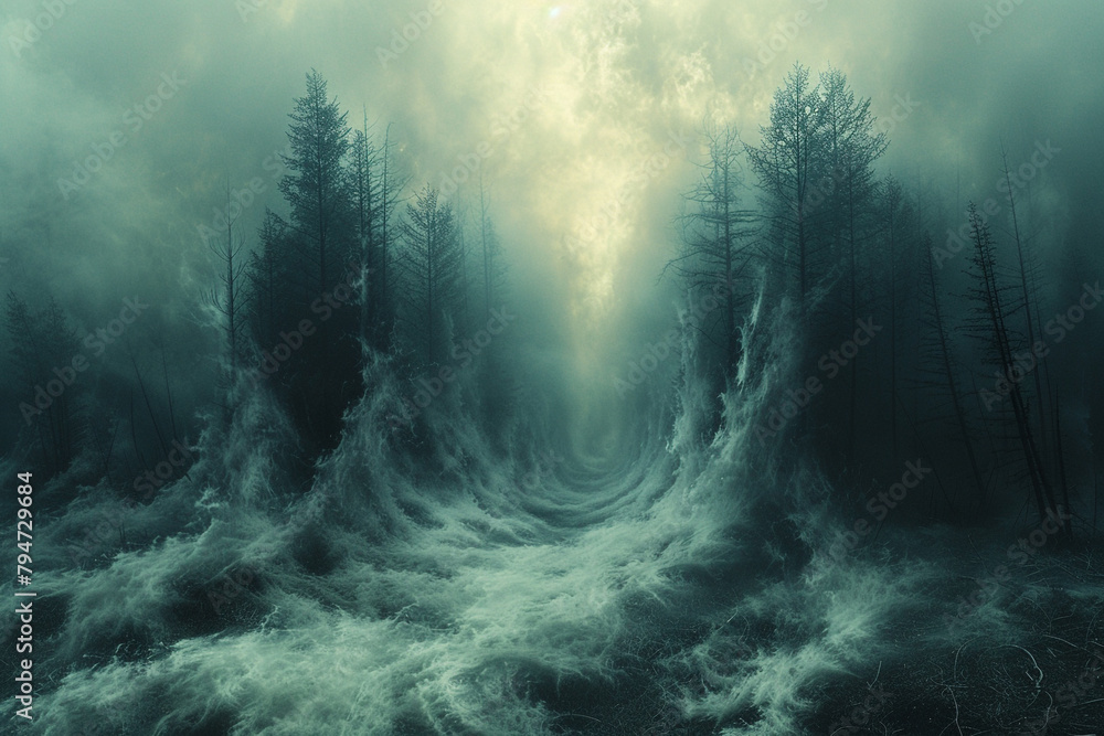 Translucent veils of mist enveloping a forest of abstract forms ...