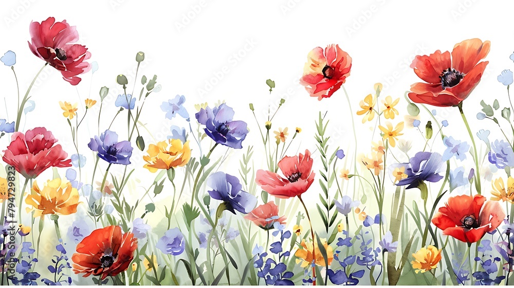 Beautiful horizontal mural with watercolor wild field flowers. Stock ...