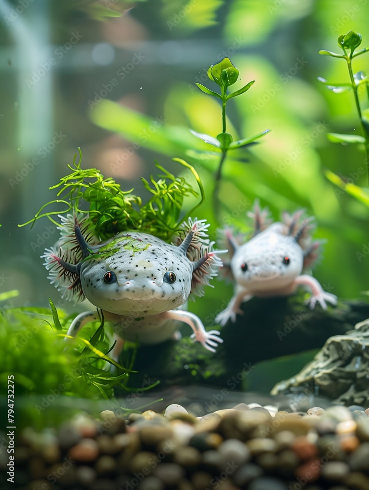 two small baby axolotls in an aquarium, green leaves growing on its ...
