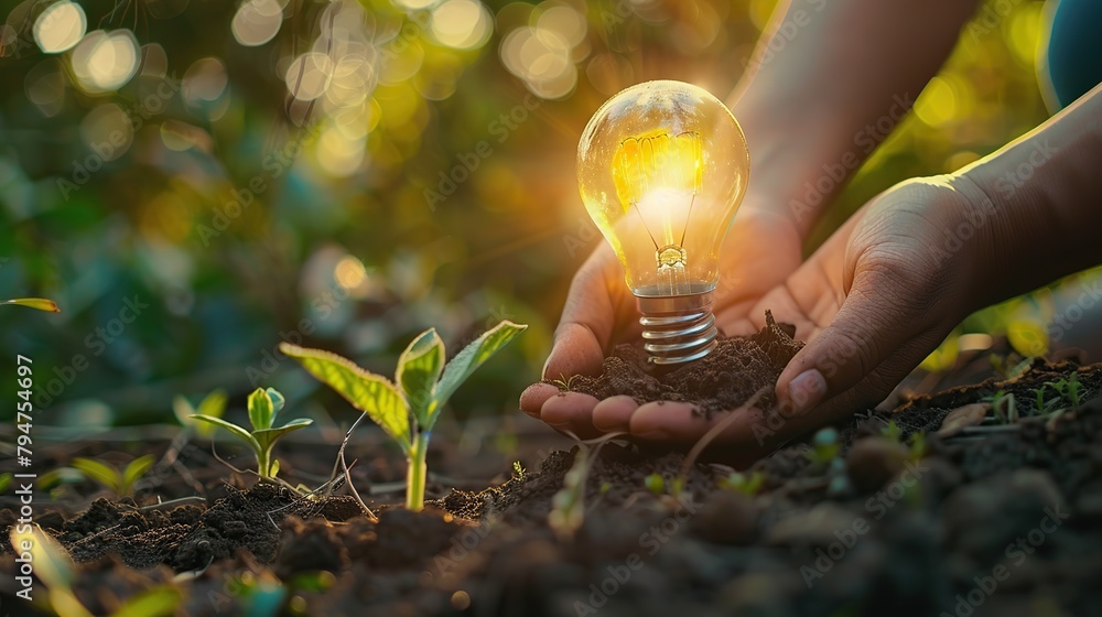 Renewable energy light bulb with green energy, Earth Day or environment ...