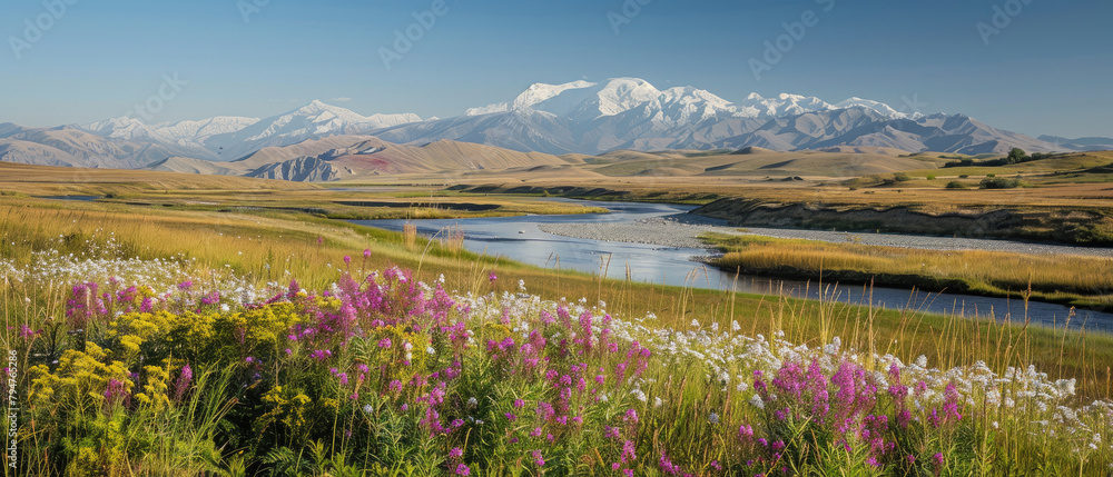 Green wide beautiful landscape with big river and flower fields with ...