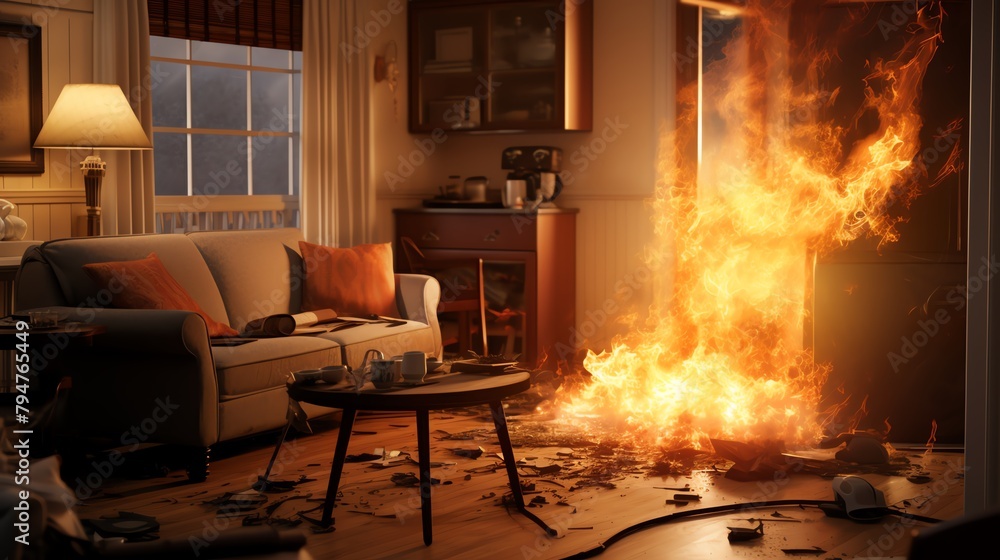Indoor scene depicting a fiery accident caused by a short-circuiting ...