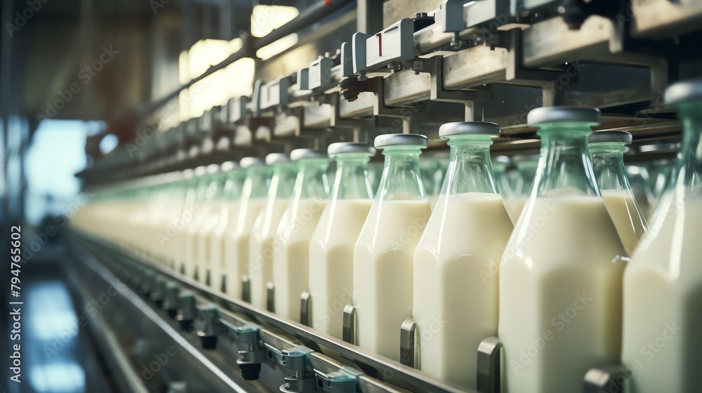 Streamlined milk bottling process captured in a dairy plant, with rows ...