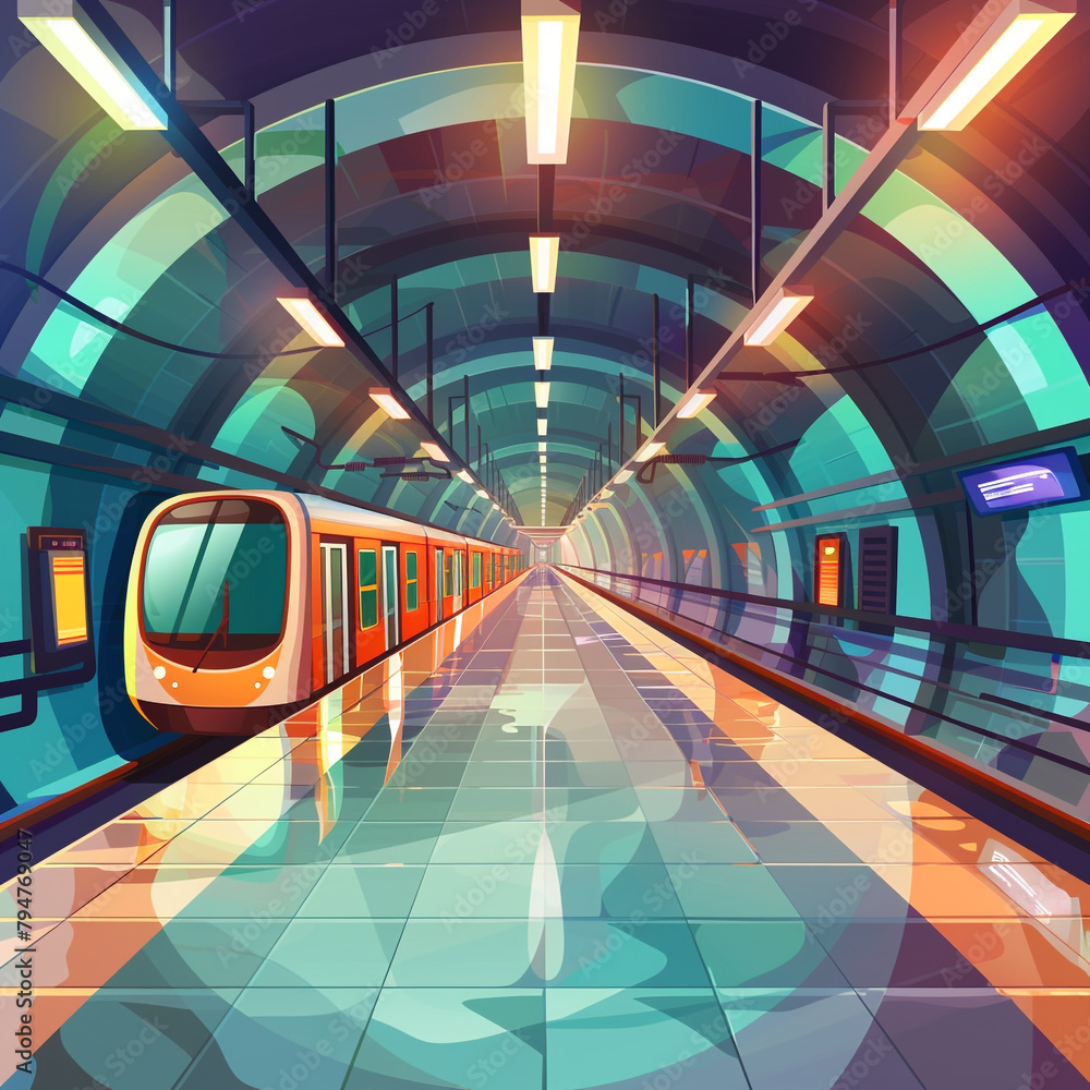 Train on subway station. Underground city metro railway illustration ...