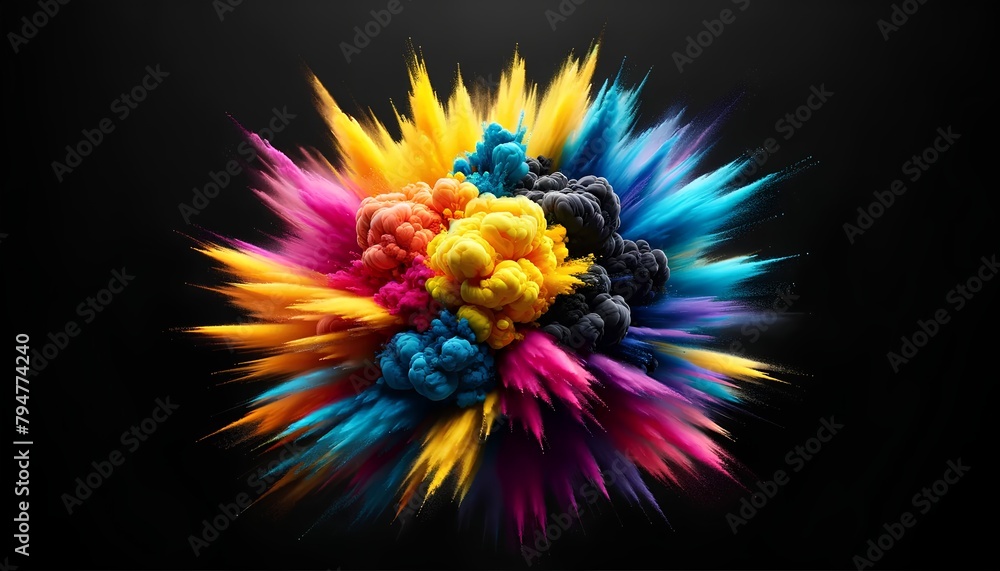 A vibrant CMYK explosion depicting a dynamic burst of cyan, magenta ...