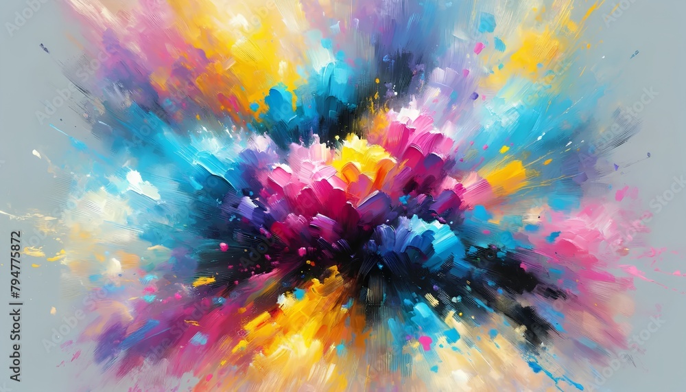 A vibrant CMYK explosion depicting a dynamic burst of cyan, magenta ...
